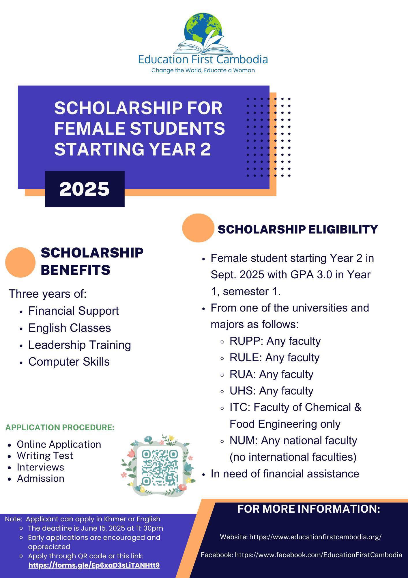Scholarship opportunities for female students from Education First Cambodia - Sala